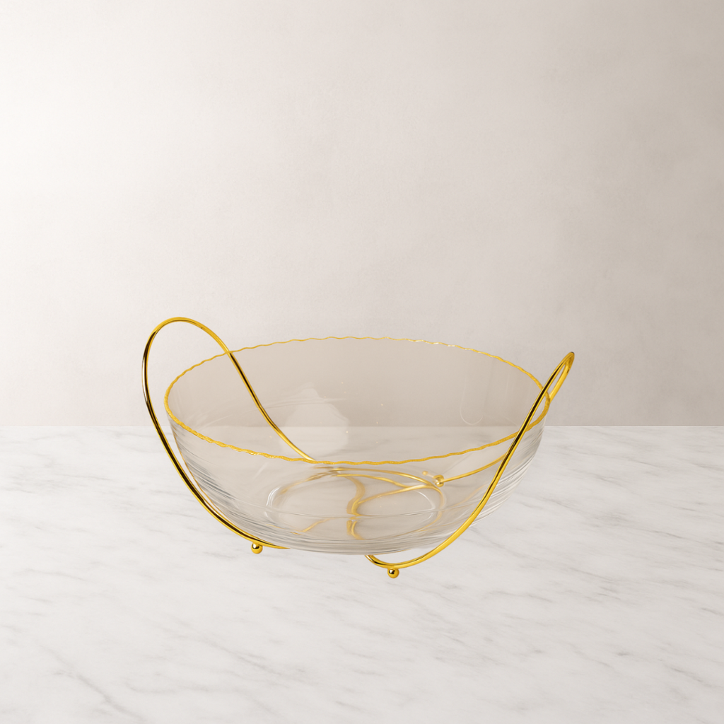 Monte Carlo Large Gold Rimmed Bowl with Gold Metal Stand
